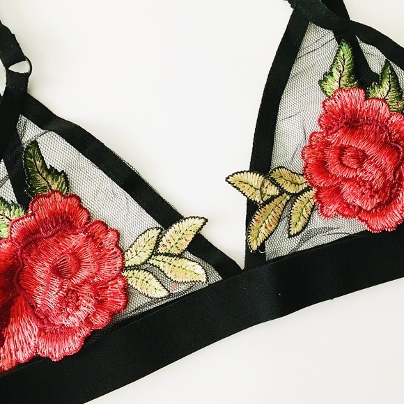 Intimates & Sleepwear | Black And Red Rose Mesh Bralette | Poshmark